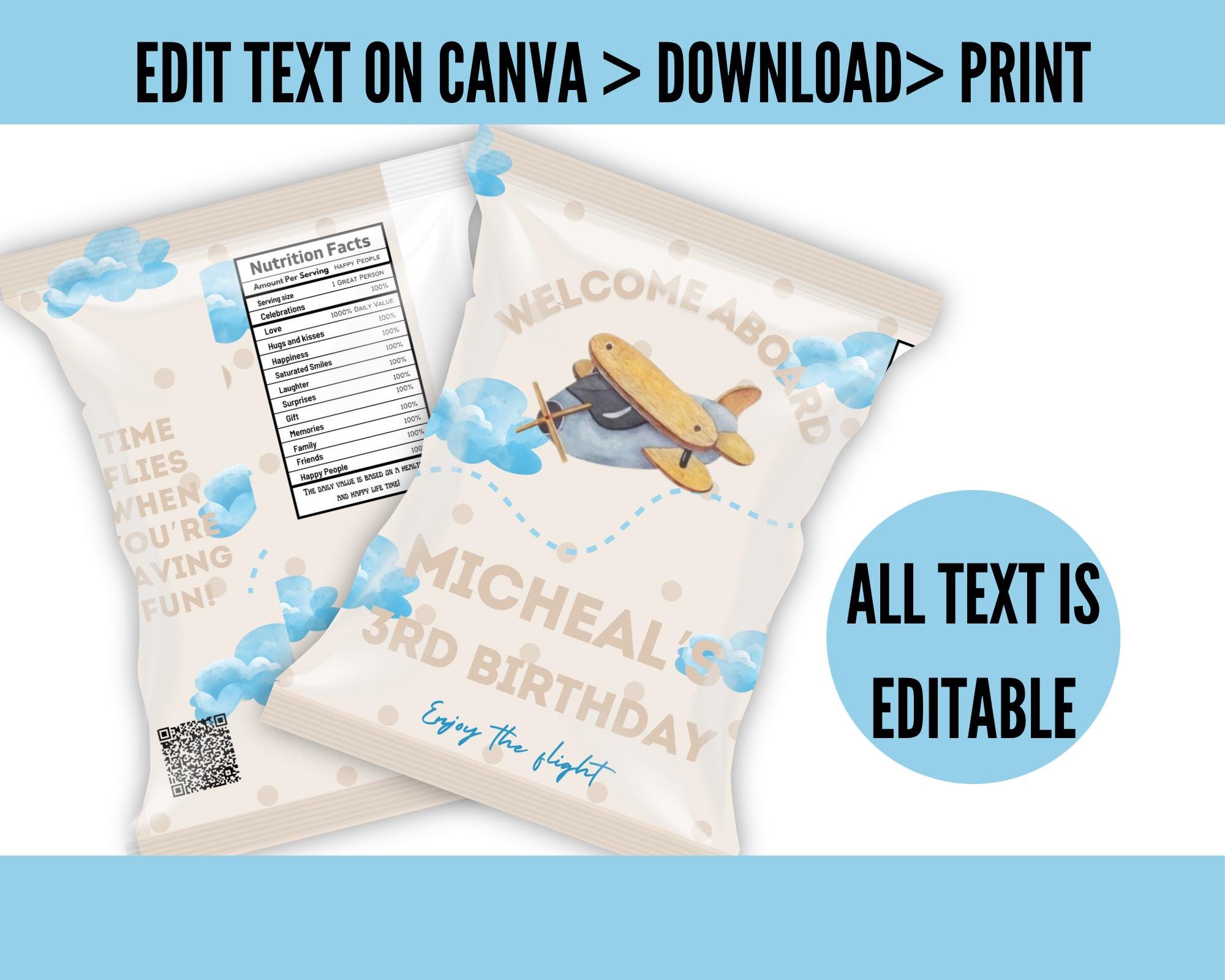 Editable Airplane Boy Chip Bag Label Blue Clouds Travel Birthday Party ...