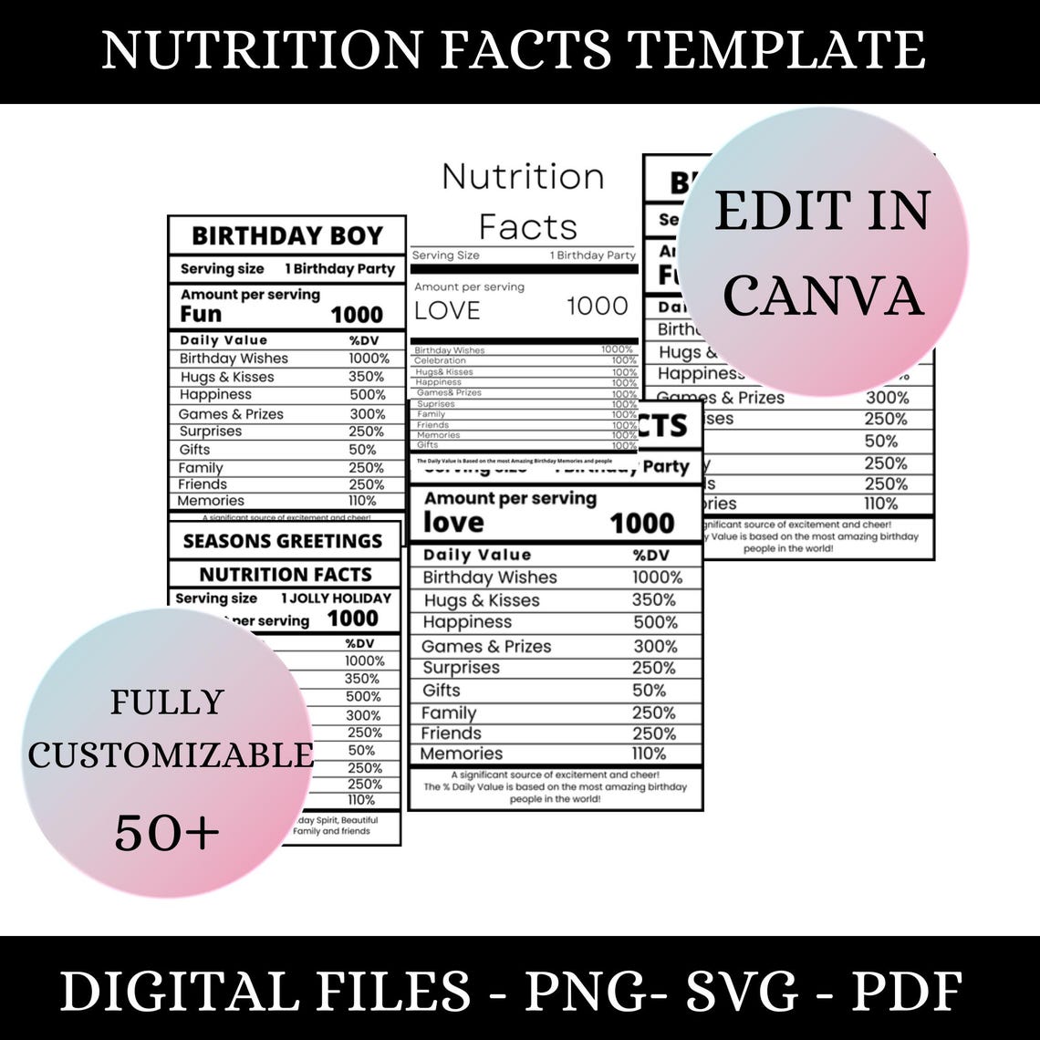 Vertical Nutrition Facts | Party Favor Template Canva Editable | DIY ...