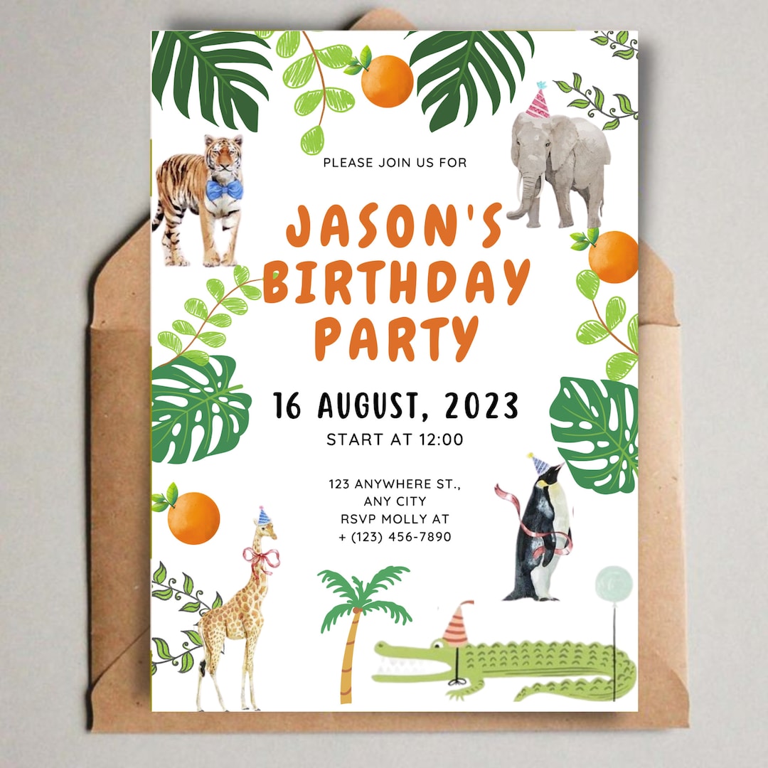 Editable Zoo Safari Birthday Invitation, Party Animals Invitation ...