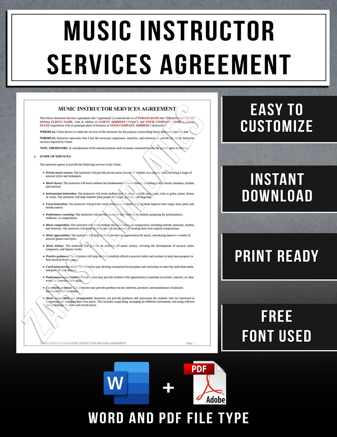 Music Instructor Services Agreement Template | Music Tutoring Contract ...