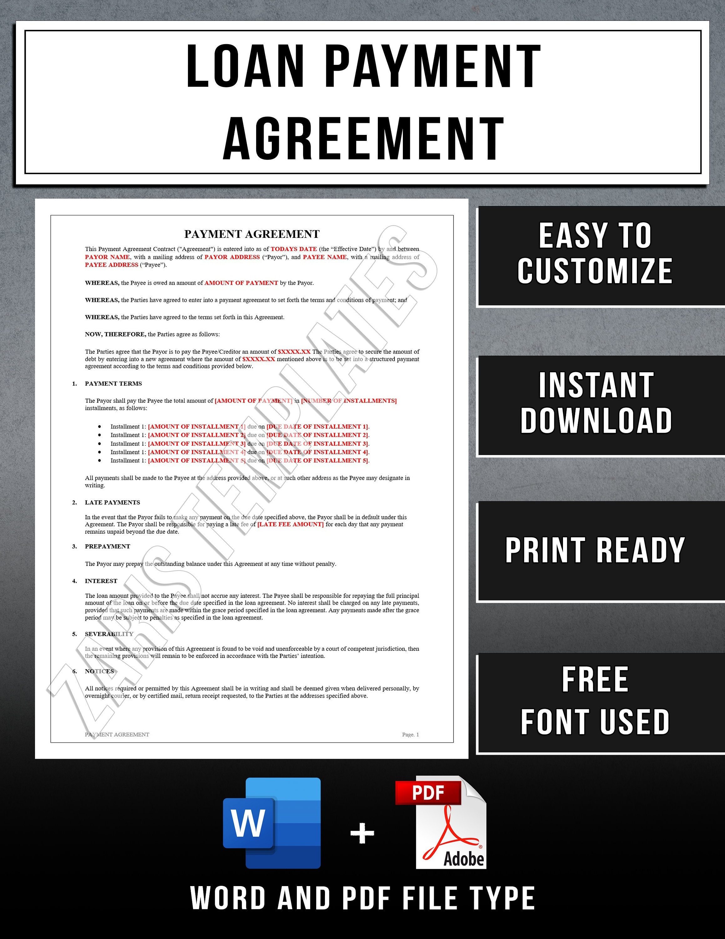 Payment Terms Template | Loan Agreement Template Form | Instant ...