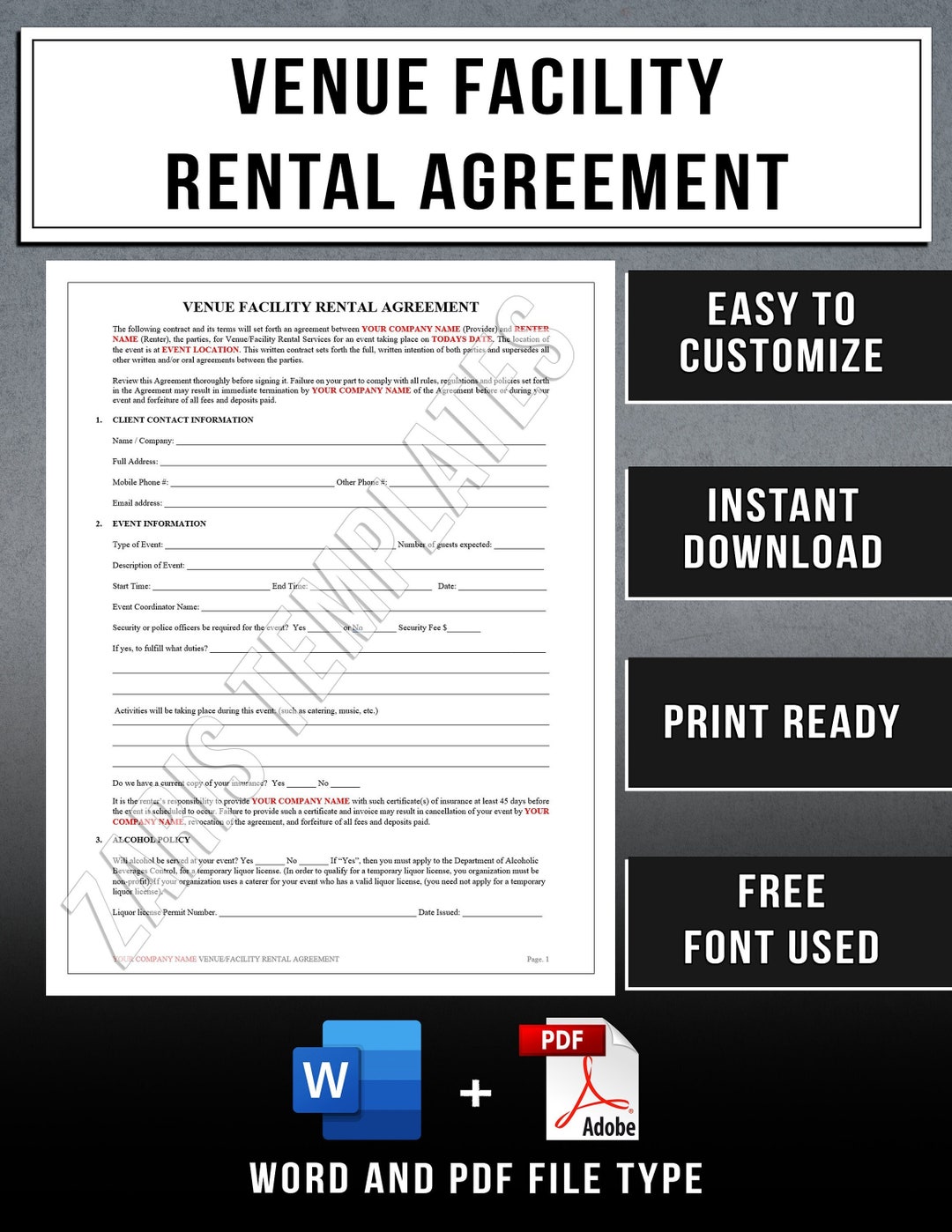 Venue Facility Rental Agreement Template | Event Space Rental Contract ...