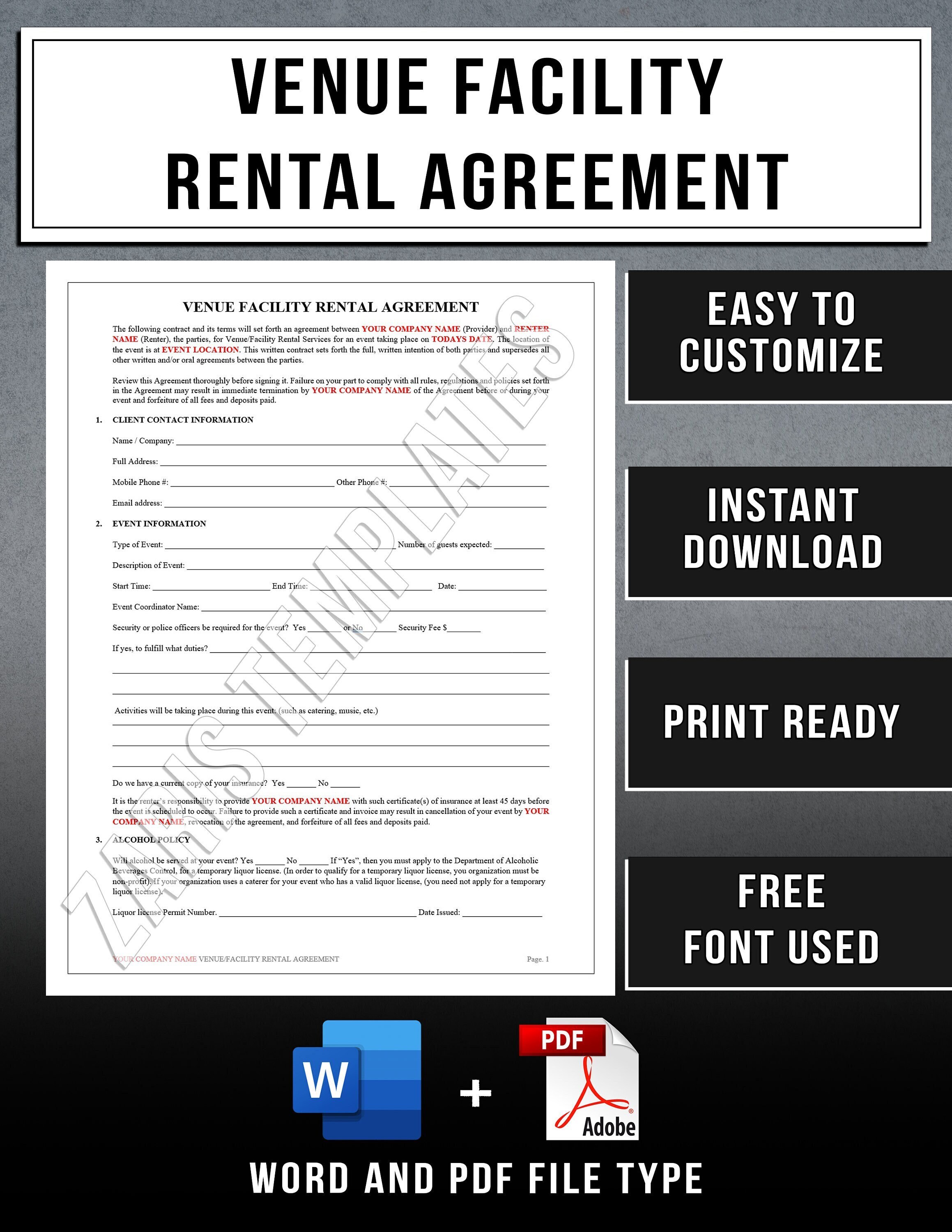 Venue Facility Rental Agreement Template | Event Space Rental Contract ...