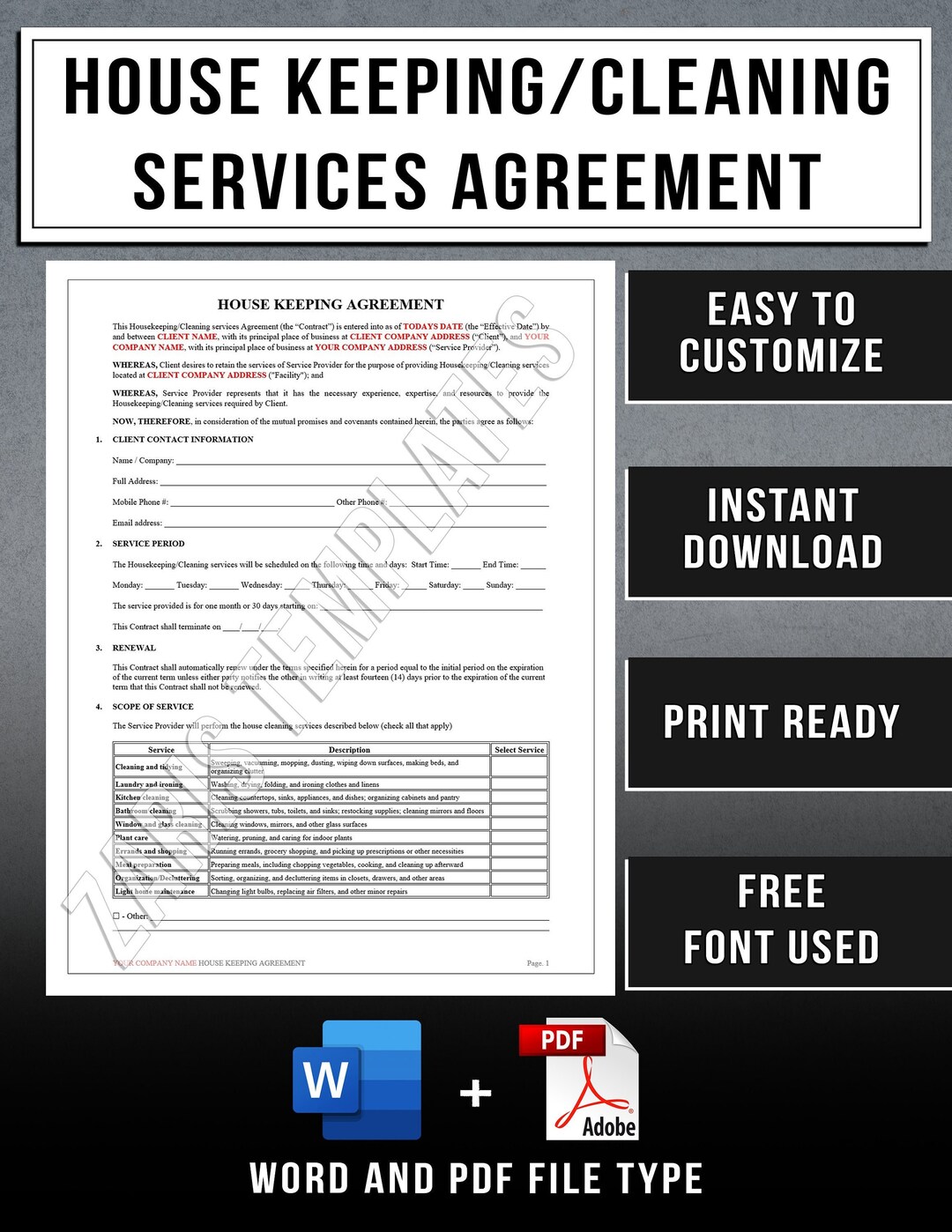 House Keeping Agreement Template | Maid Services Contract | Instant ...