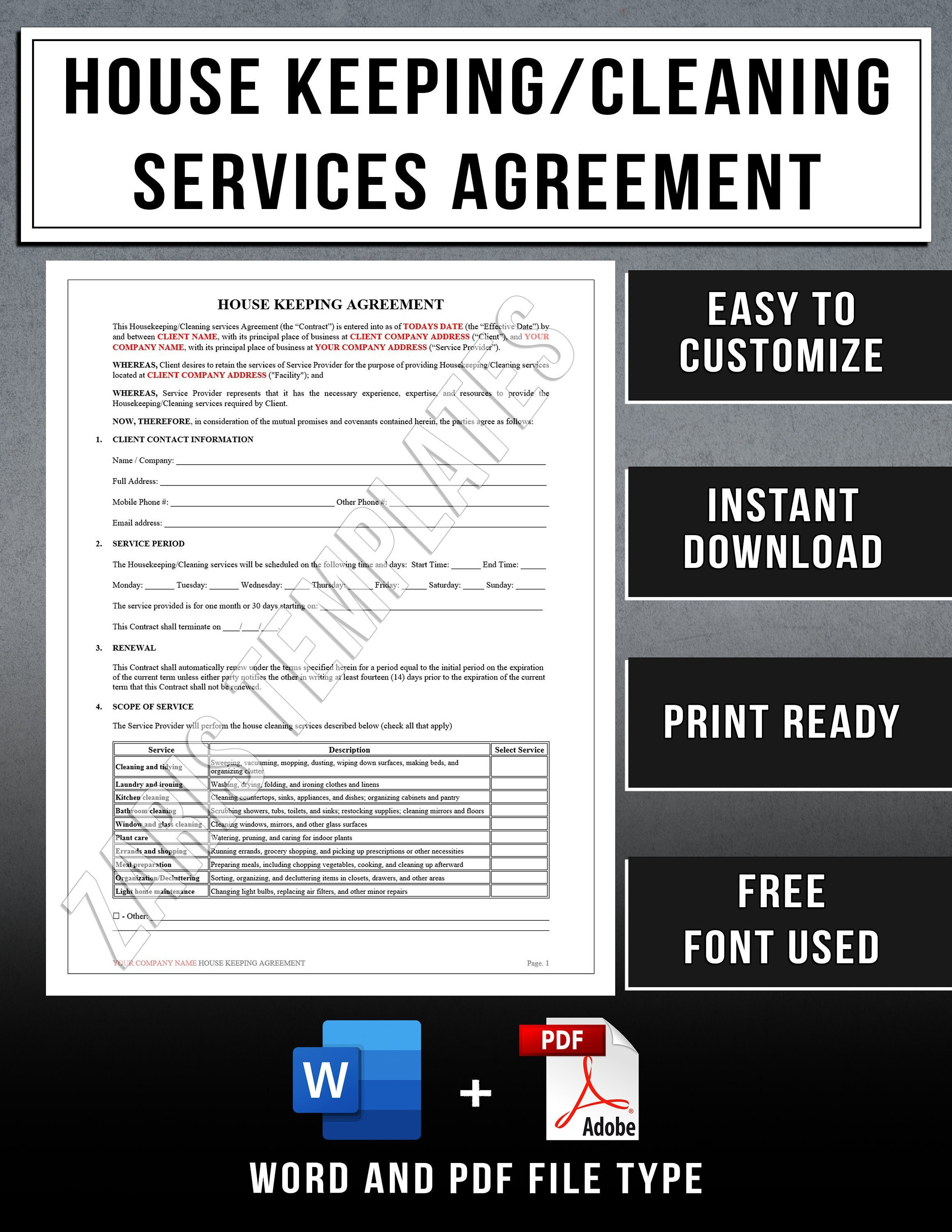 House Keeping Agreement Template | Maid Services Contract | Instant ...