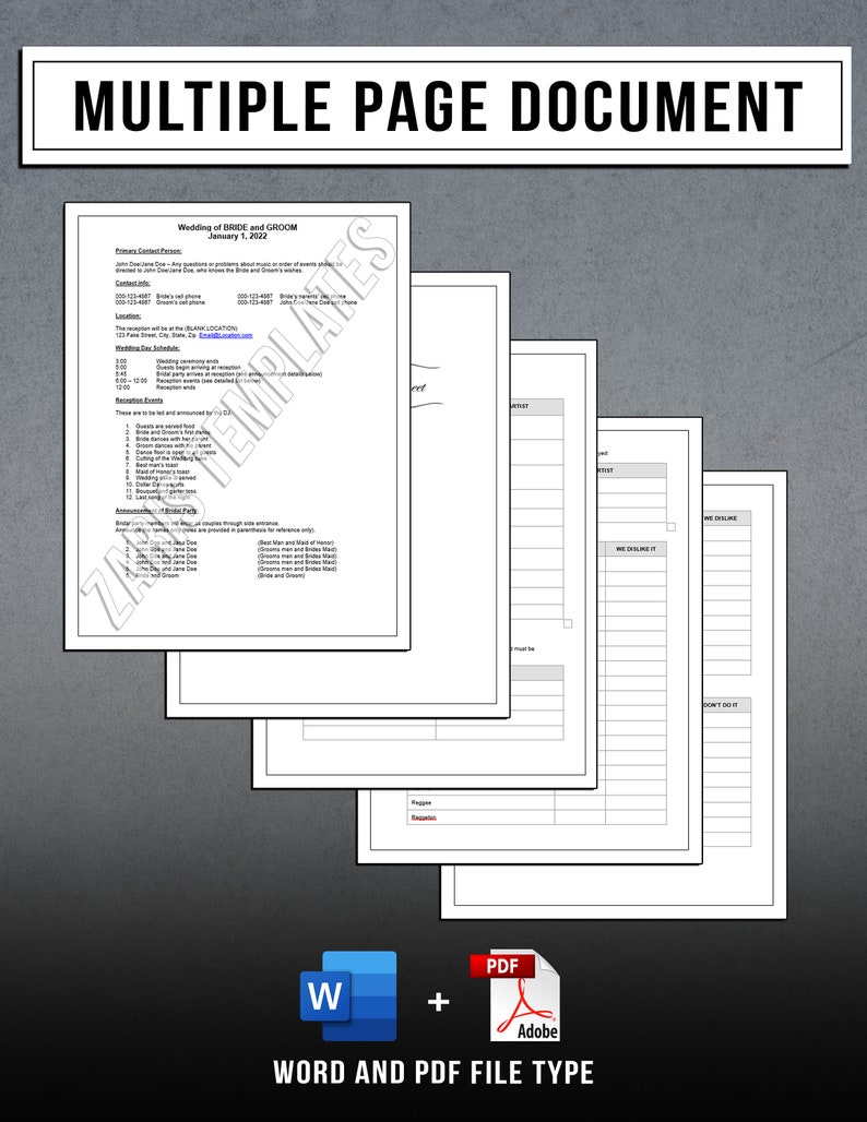 Wedding DJ Worksheet Template | Disc Jockey Time Line | Instant ...