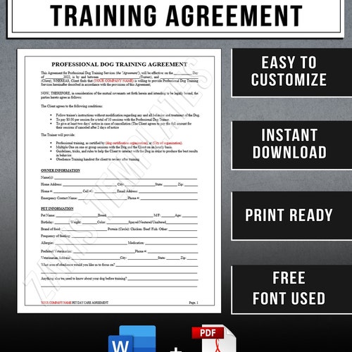 Professional Dog Training Agreement Template Dog Trainer - Etsy
