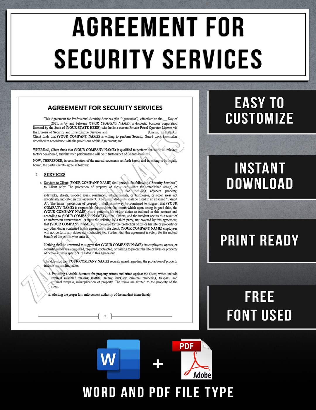 Agreement for Security Services Template | Security Guard Agreement ...