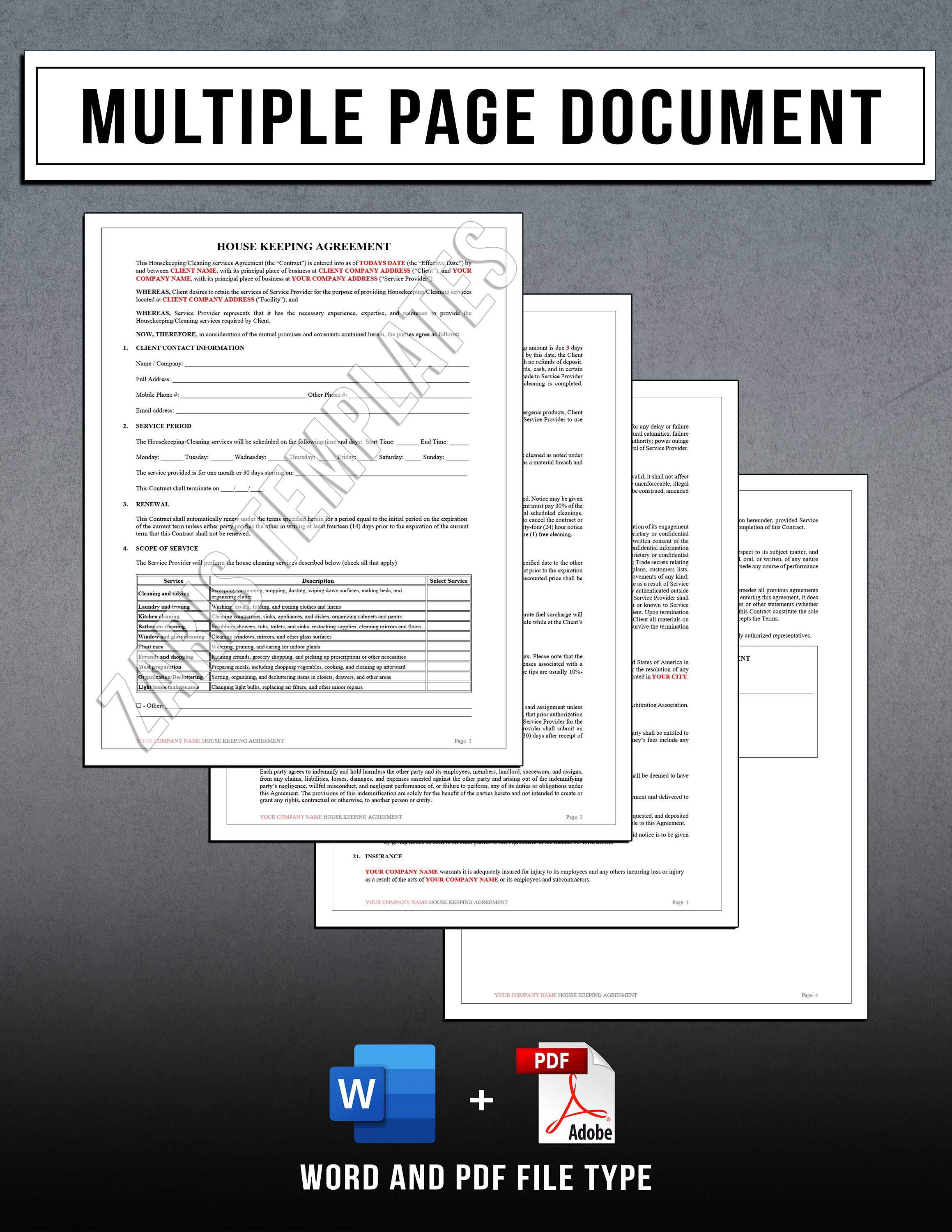 House Keeping Agreement Template | Maid Services Contract | Instant ...