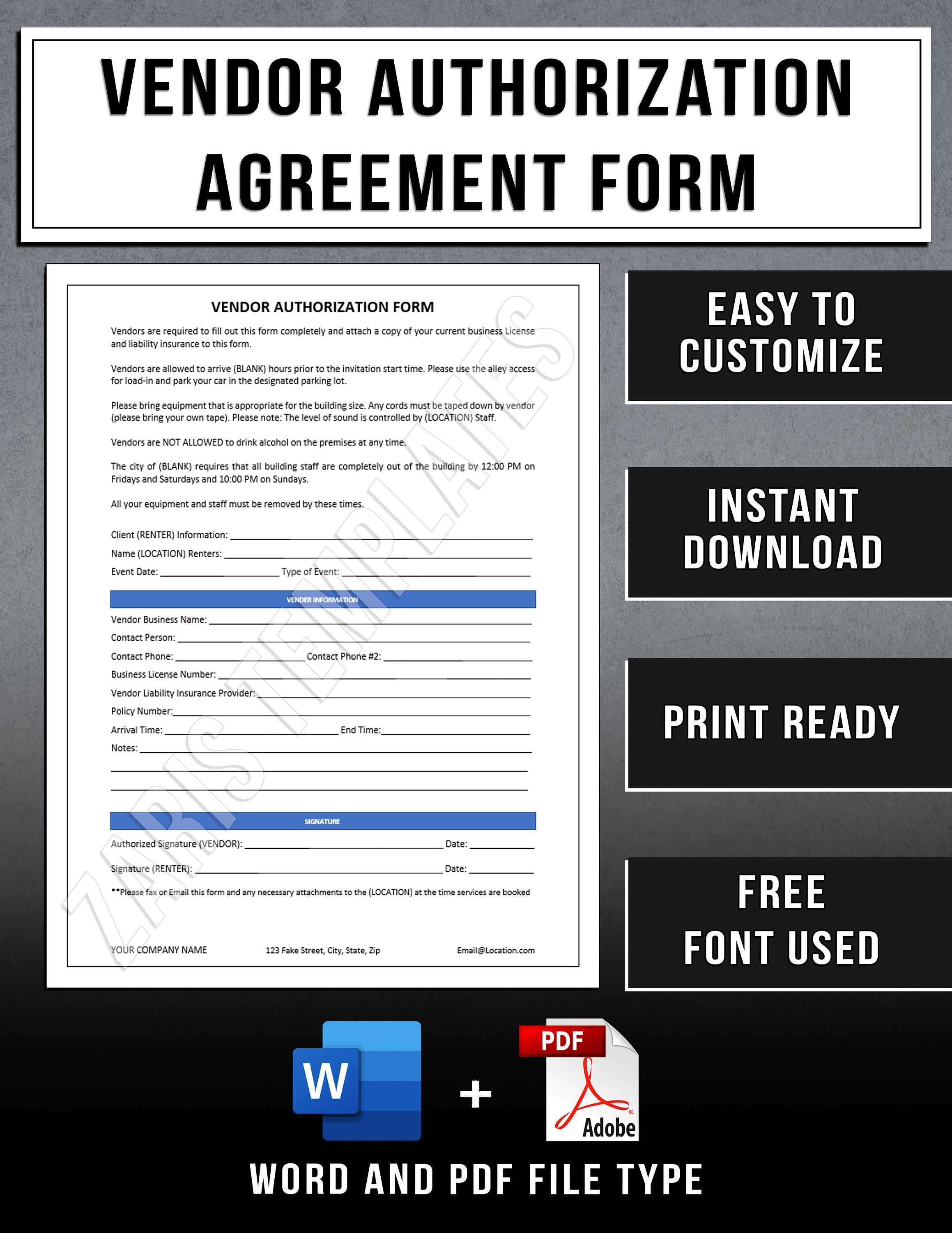 Vendor Authorization Agreement Form Template | Venue Contract for Event ...