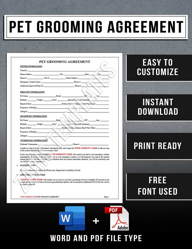 Pet Grooming Agreement Contract Template | Mobile Dog Cat Grooming ...