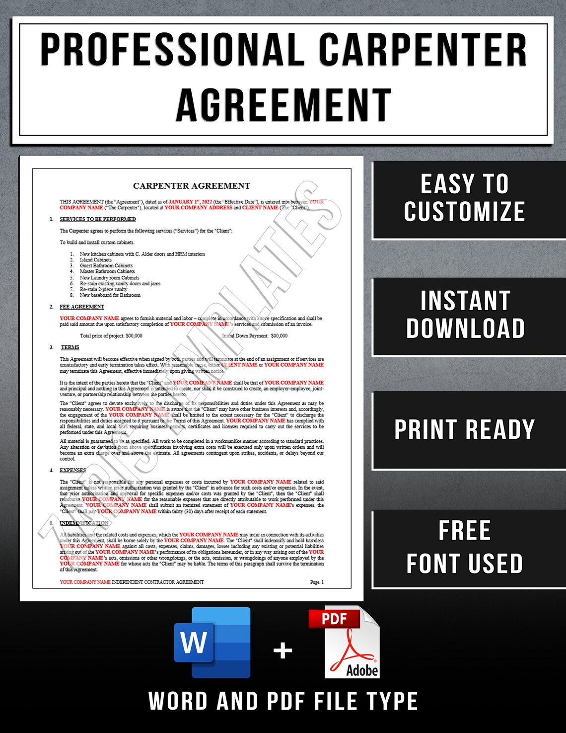 Professional Carpenter Agreement Template | Cabinet Installer Builder ...