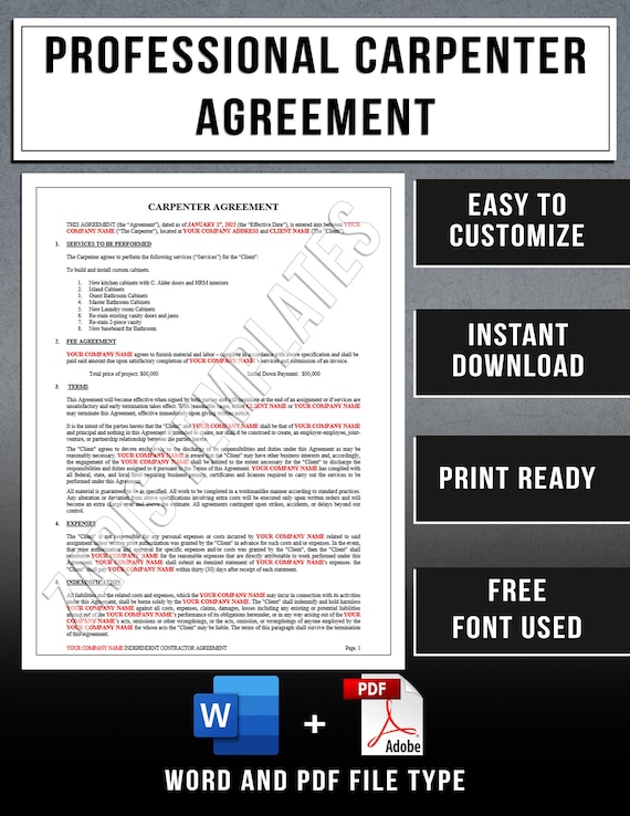 Professional Carpenter Agreement Template Cabinet Installer - Etsy