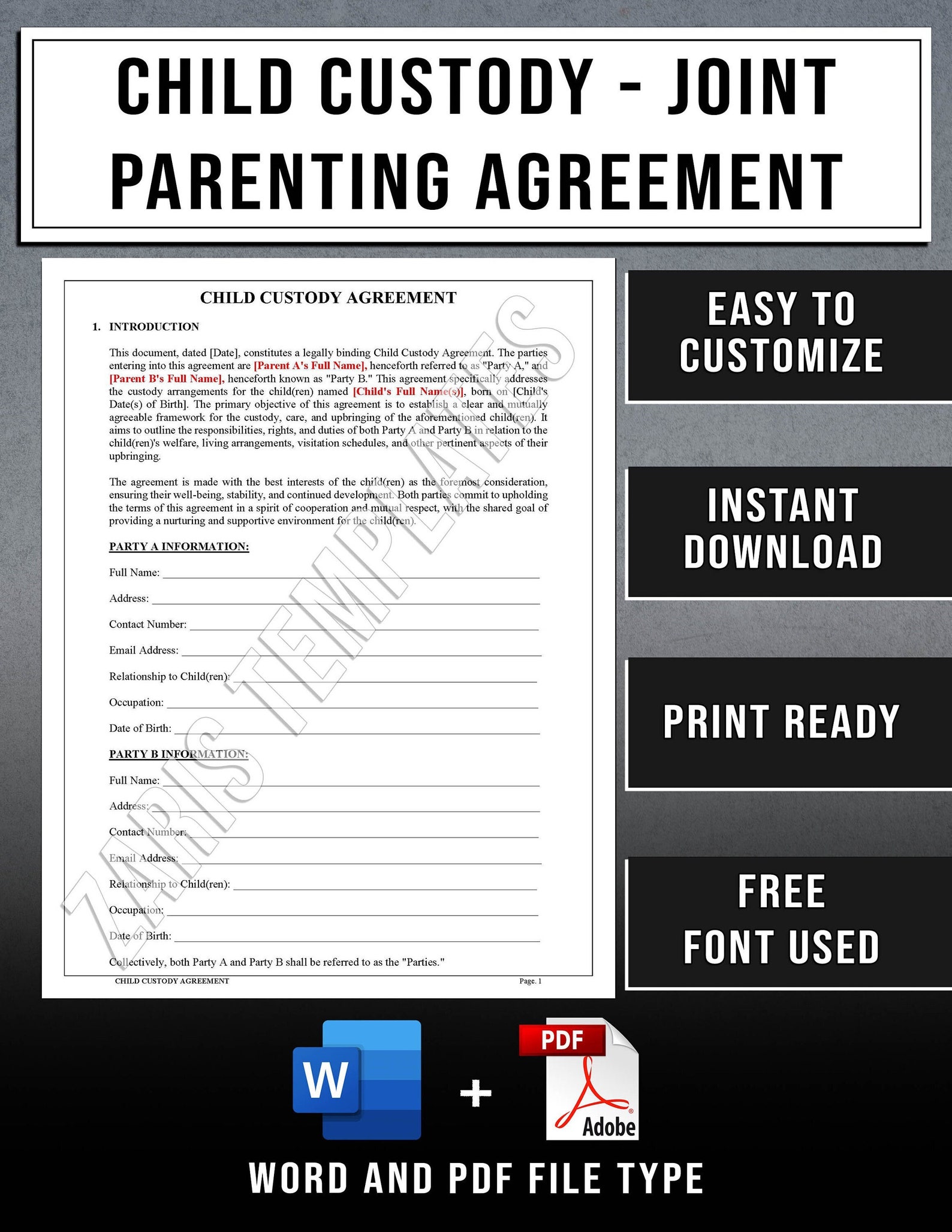 Child Custody Co Parenting Agreement Template Easy Editable