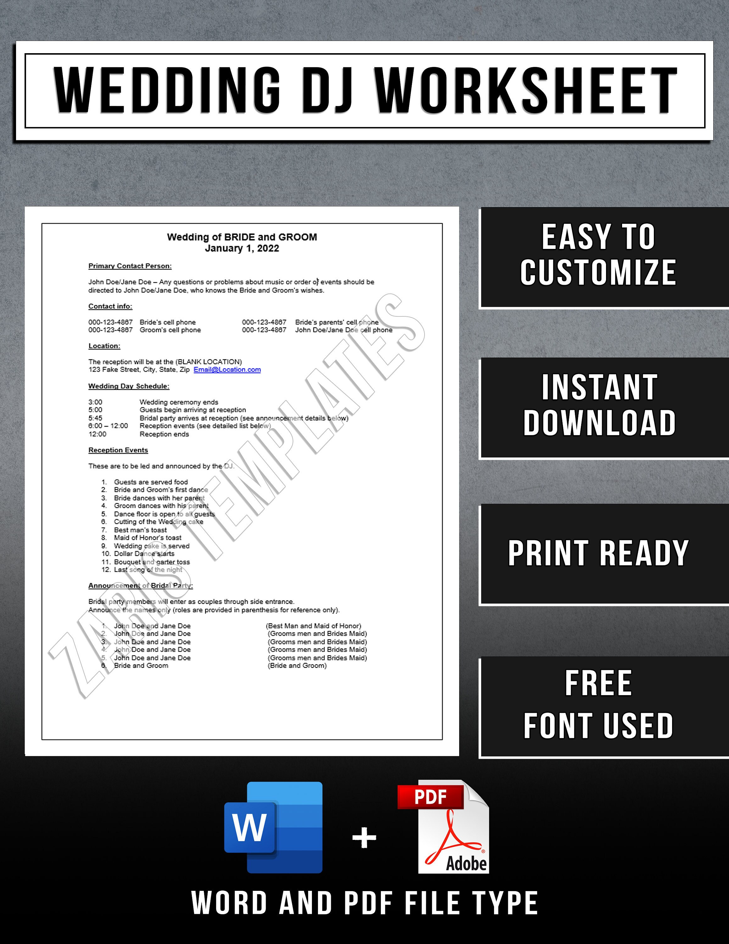 Wedding DJ Worksheet Template | Disc Jockey Time Line | Instant ...
