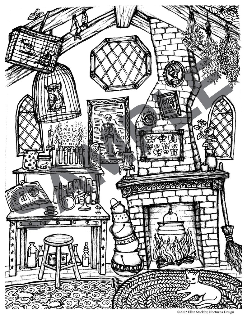 Witch's Cottage Printable Adult Coloring Page - Etsy