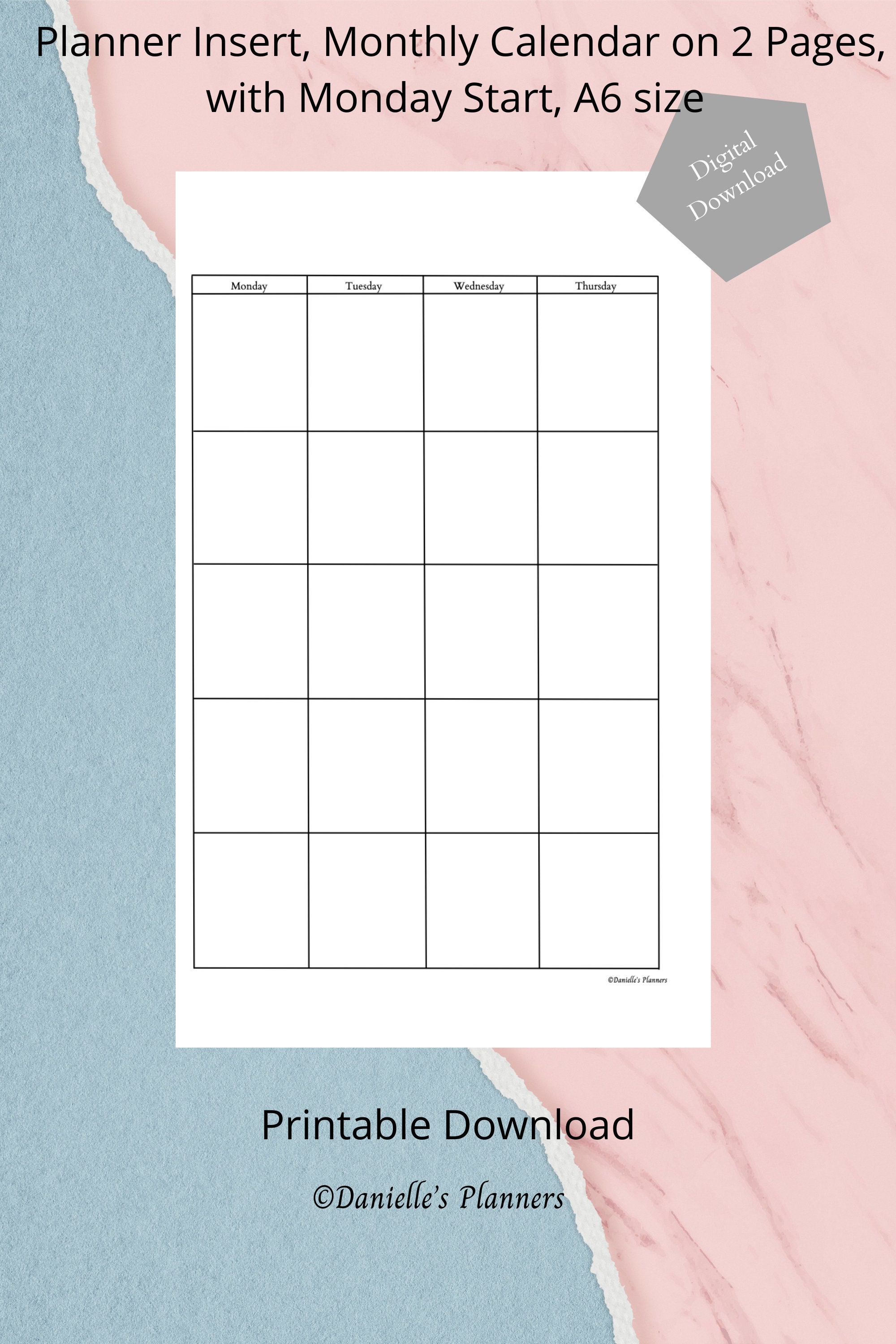 Planner Insert, Monthly Calendar on 2 Pages, With Monday Start, A6 Size ...