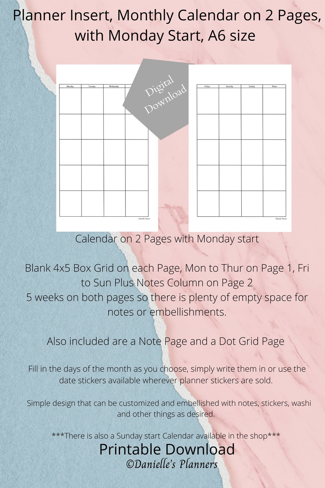 Planner Insert, Monthly Calendar on 2 Pages, With Monday Start, A6 Size ...