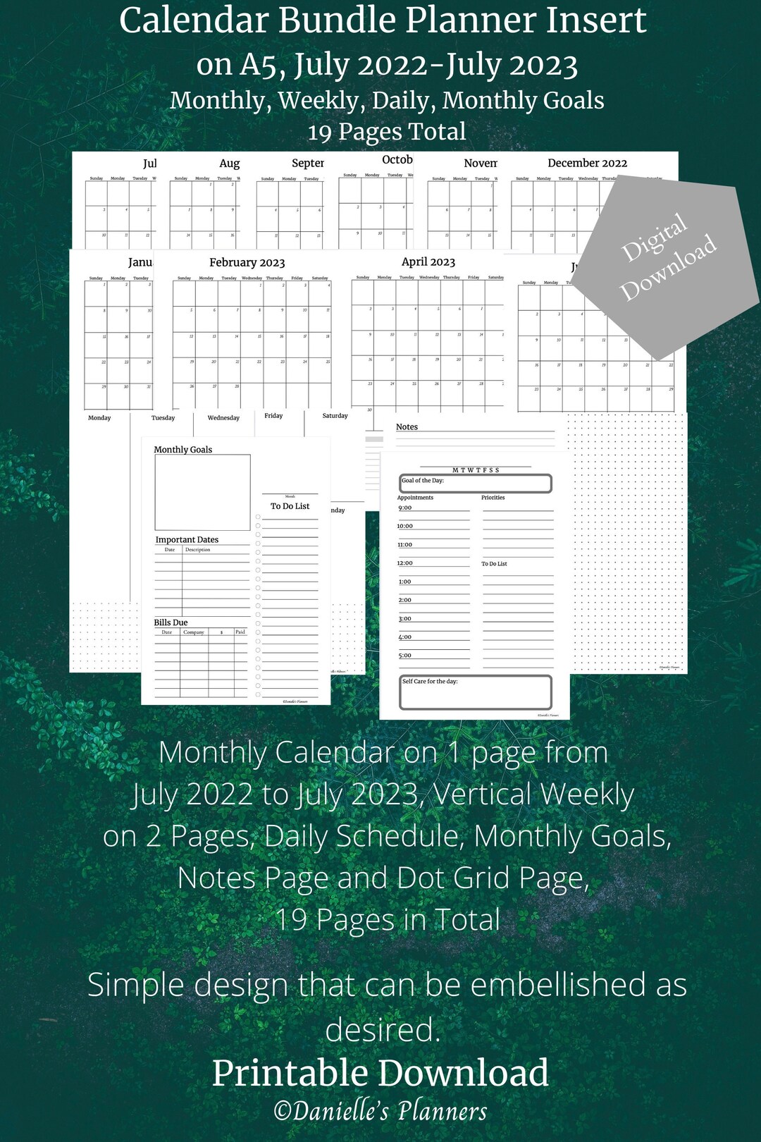 Calendar Bundle, 19 Pages Total, A5, July 2022- July 2023, Monthly ...