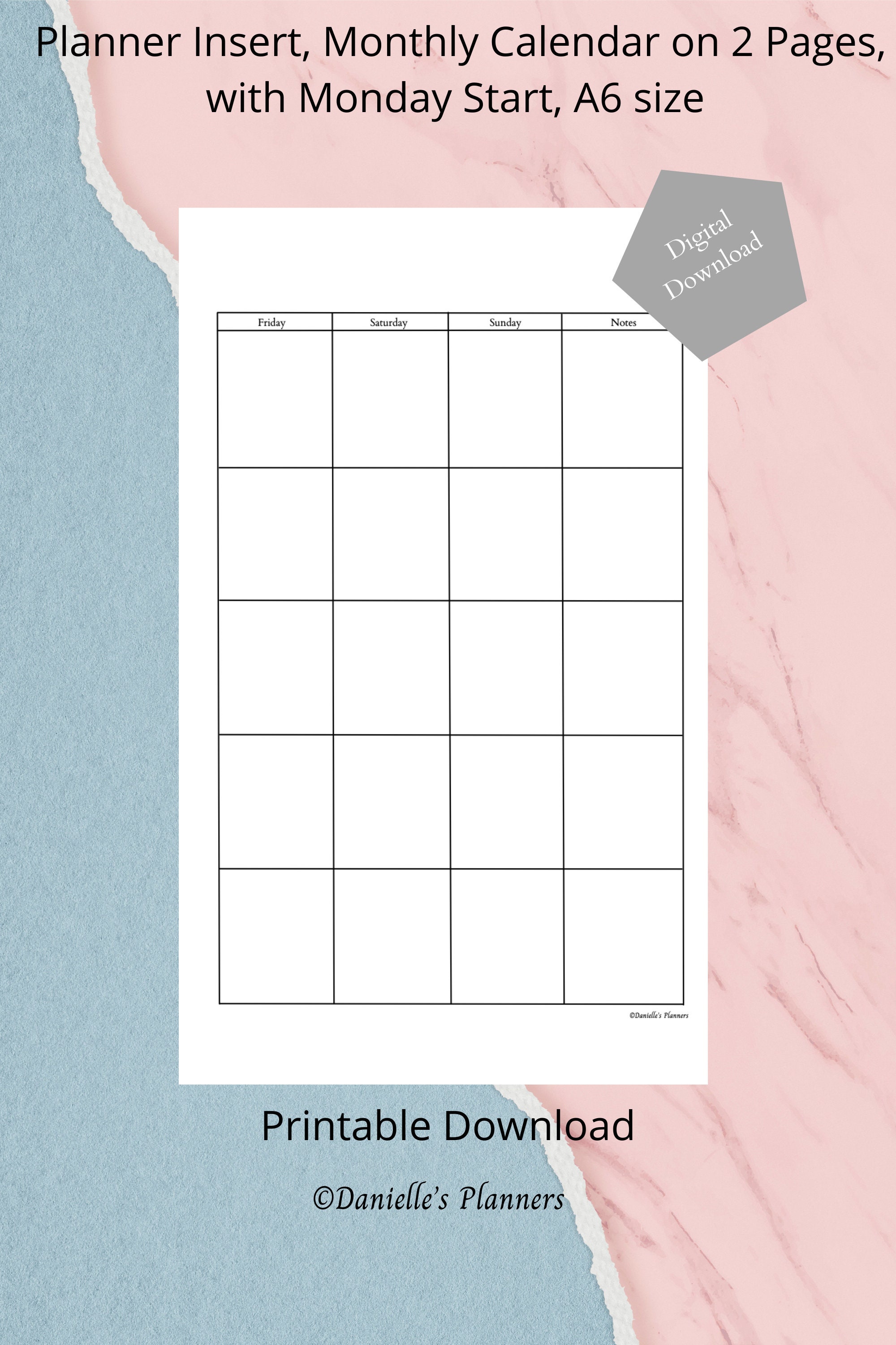 Planner Insert, Monthly Calendar on 2 Pages, With Monday Start, A6 Size ...