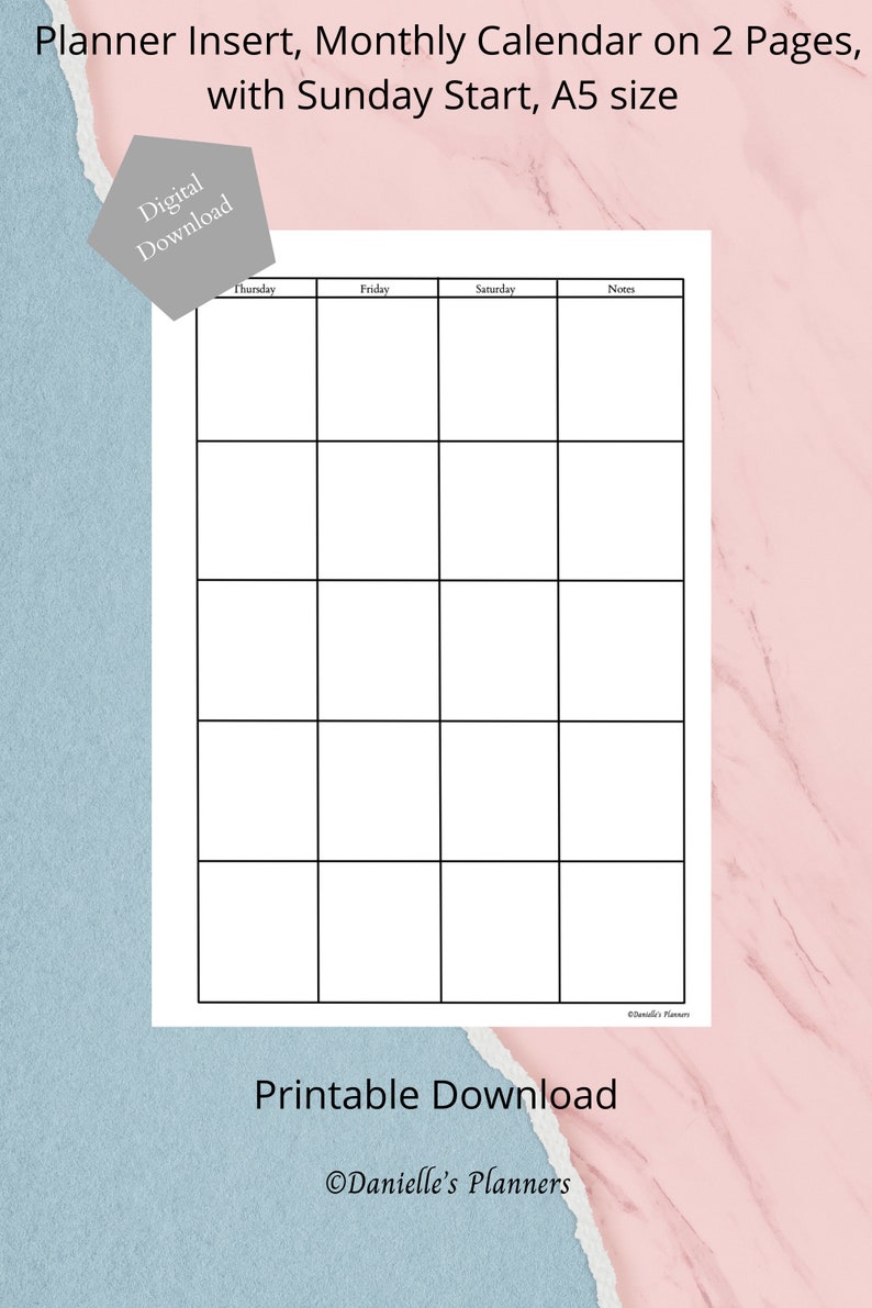 Planner Insert Monthly Calendar on 2 Pages With Sunday - Etsy