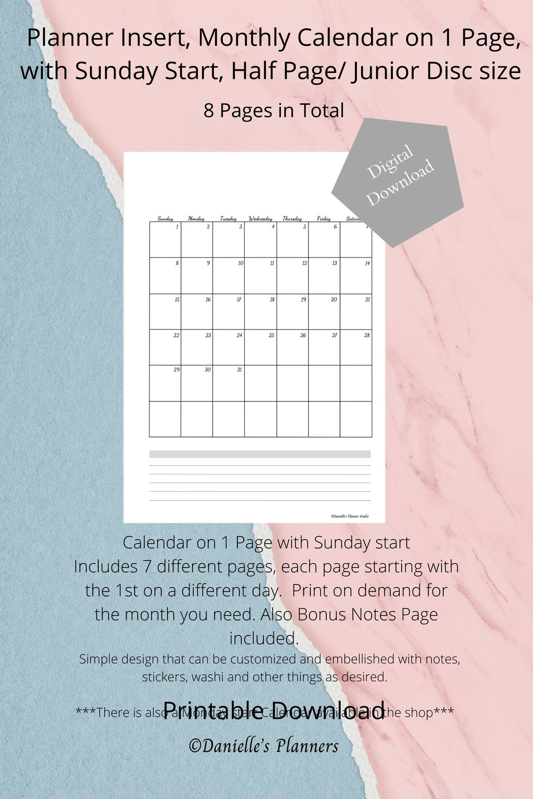 Planner Insert, Monthly Calendar on 1 Page, With Sunday Start, Half ...