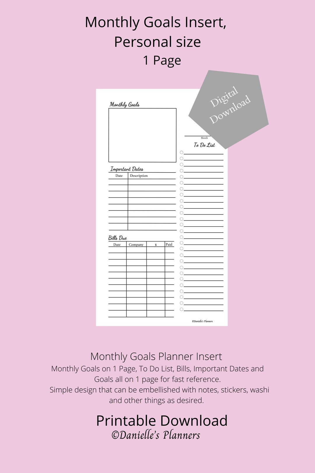 Monthly Goals Planner Insert / Personal Size, Digital Download ...