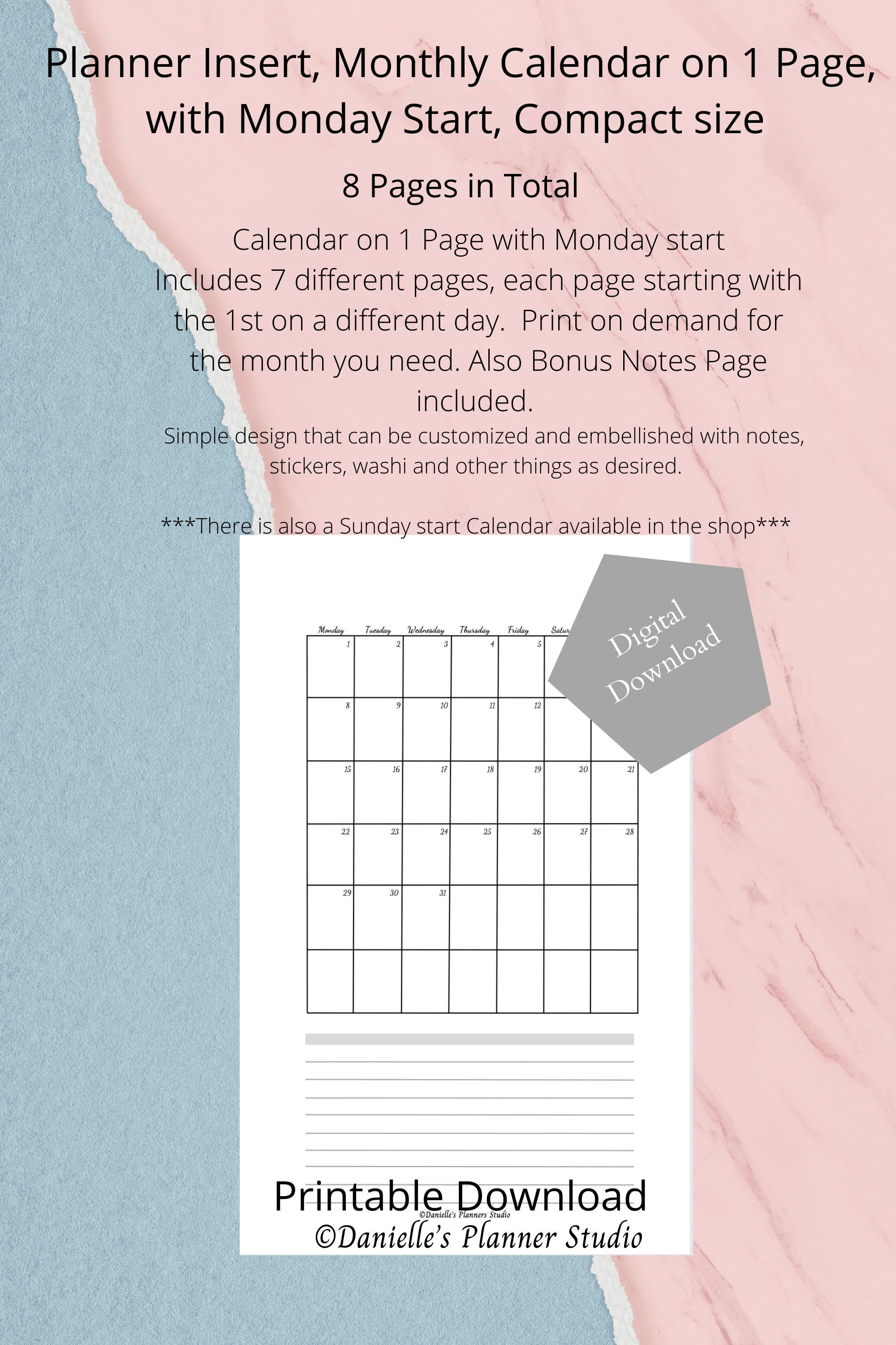 Planner Insert, Monthly Calendar on 1 Page, With Monday Start, Compact ...