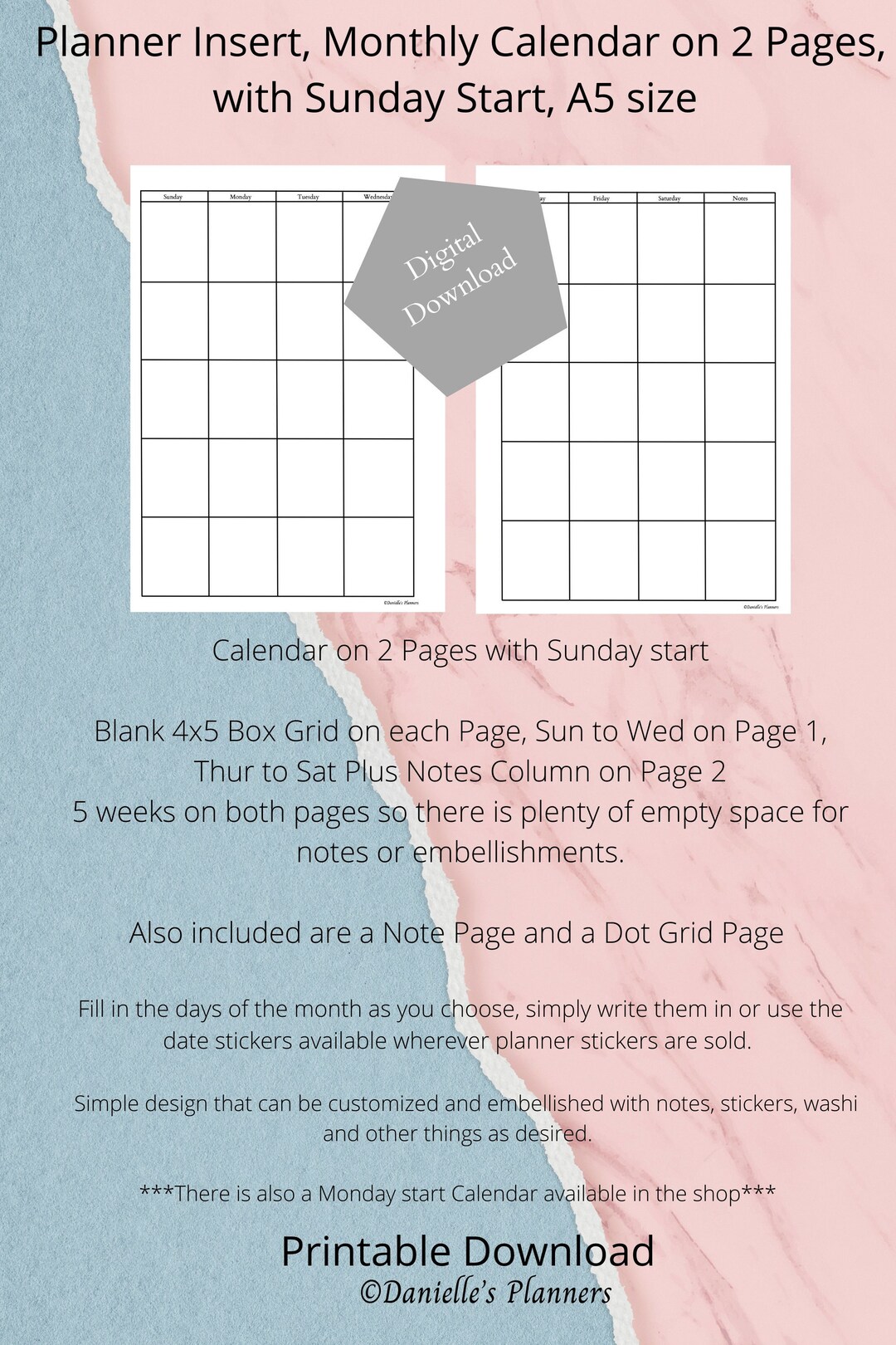 Planner Insert, Monthly Calendar on 2 Pages, With Sunday Start, A5 Size ...
