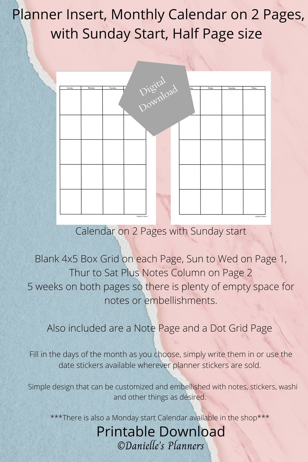 Planner Insert, Monthly Calendar on 2 Pages, With Sunday Start, Half ...