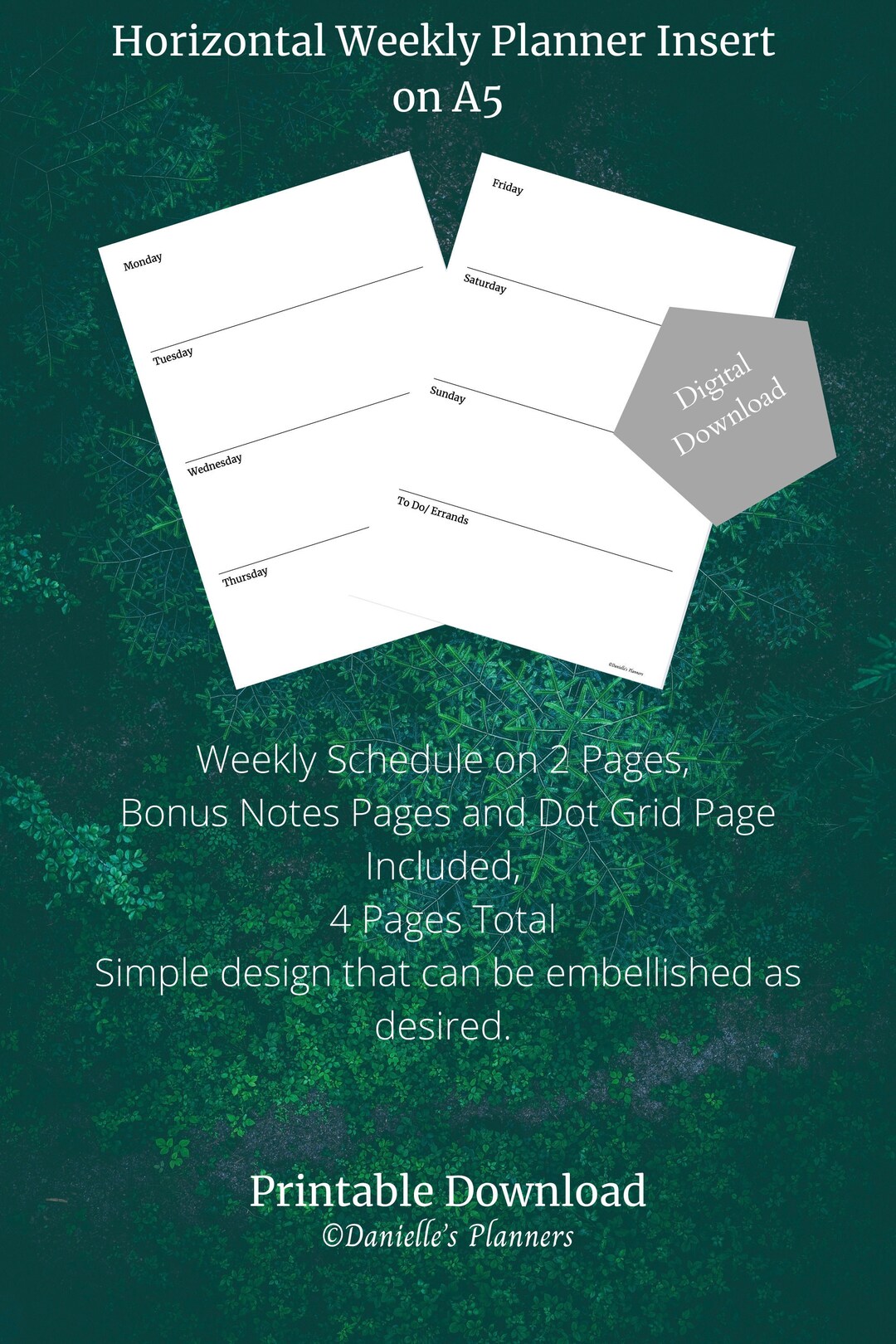 Horizontal Weekly Planner With Dot Grid Insert A5, Digital Download ...