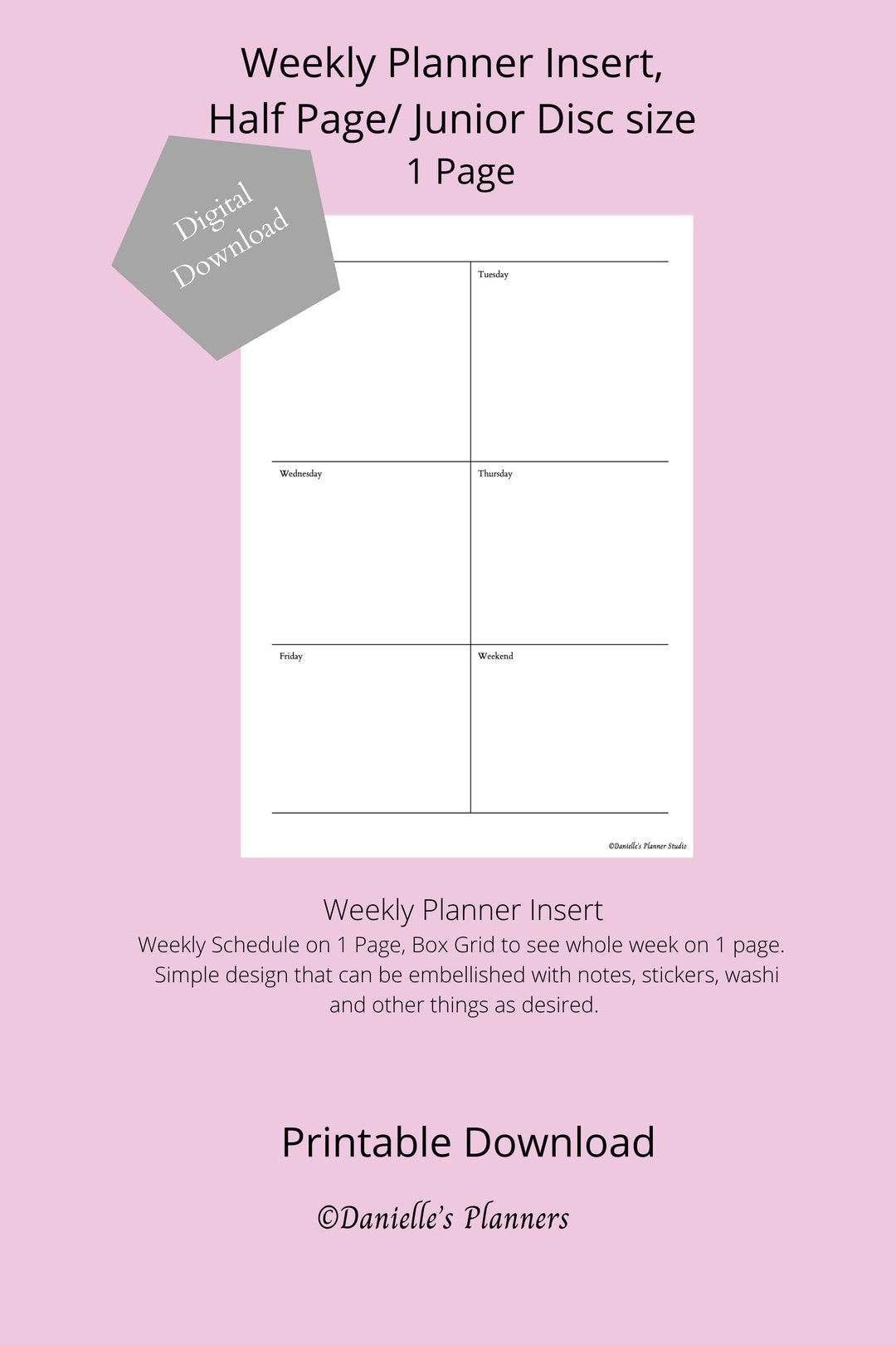Weekly Planner on 1 Page With Box Grid Insert Half Page/ Junior Disc ...
