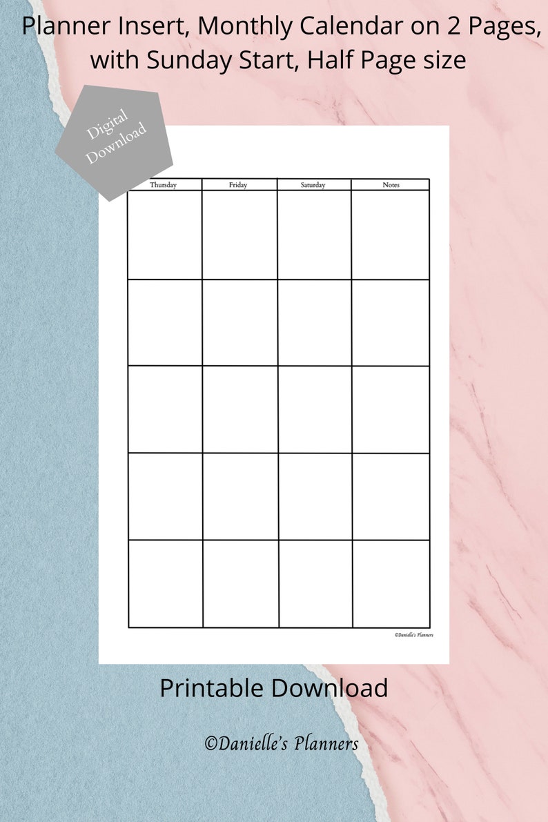 Planner Insert Monthly Calendar on 2 Pages With Sunday - Etsy