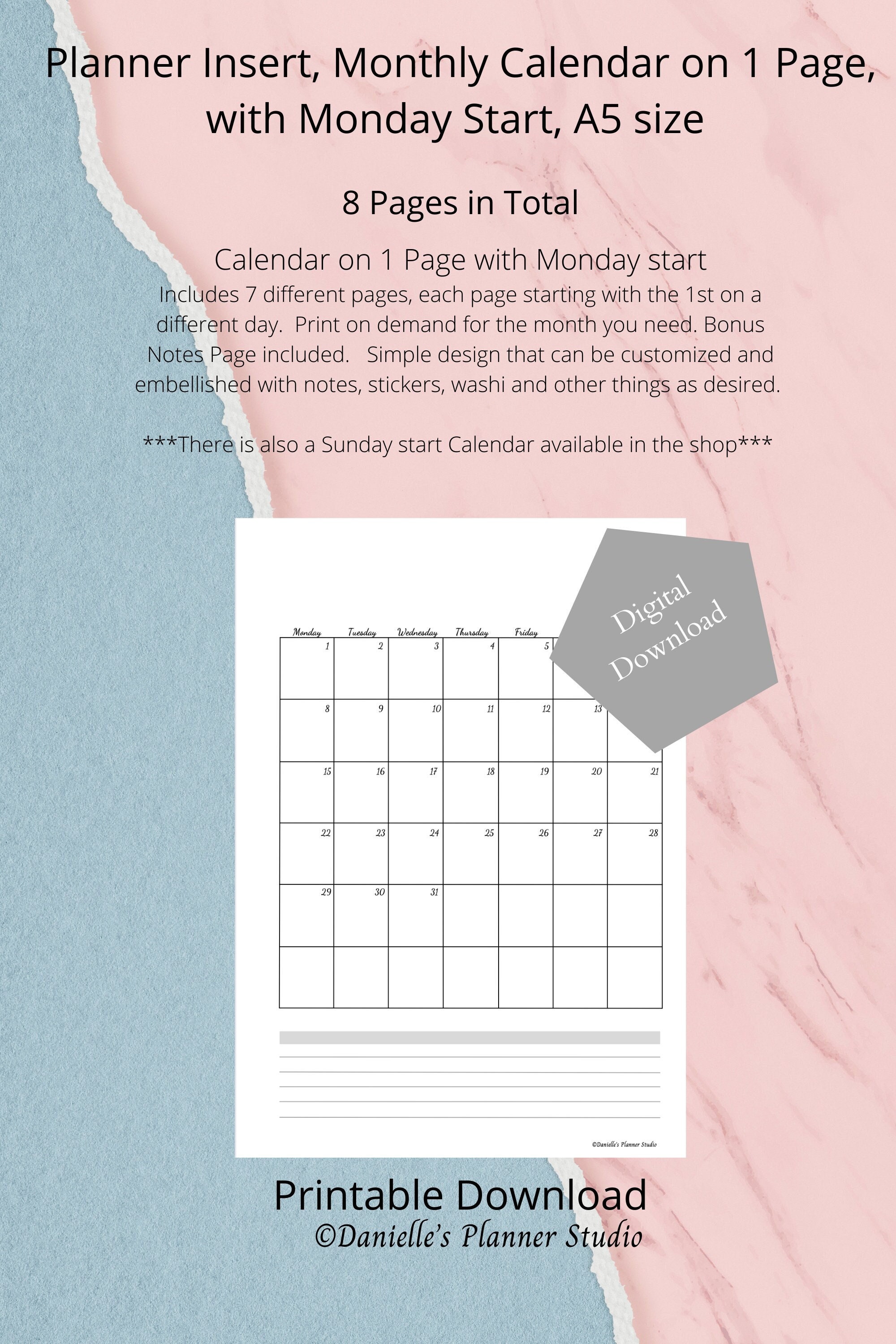 Planner Insert, Monthly Calendar on 1 Page, With Monday Start, A5 Size ...