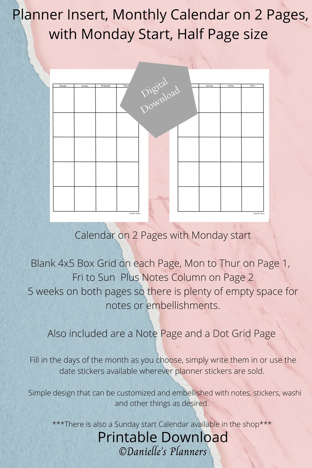 Planner Insert, Monthly Calendar on 2 Pages, With Monday Start, Half ...
