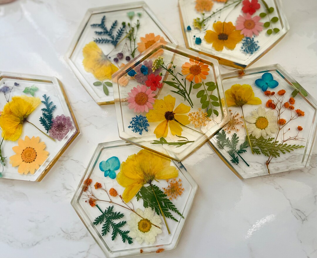 Dried Flower Coasters, Gift for Mom, Wedding Favors, Flower Coaster Set ...