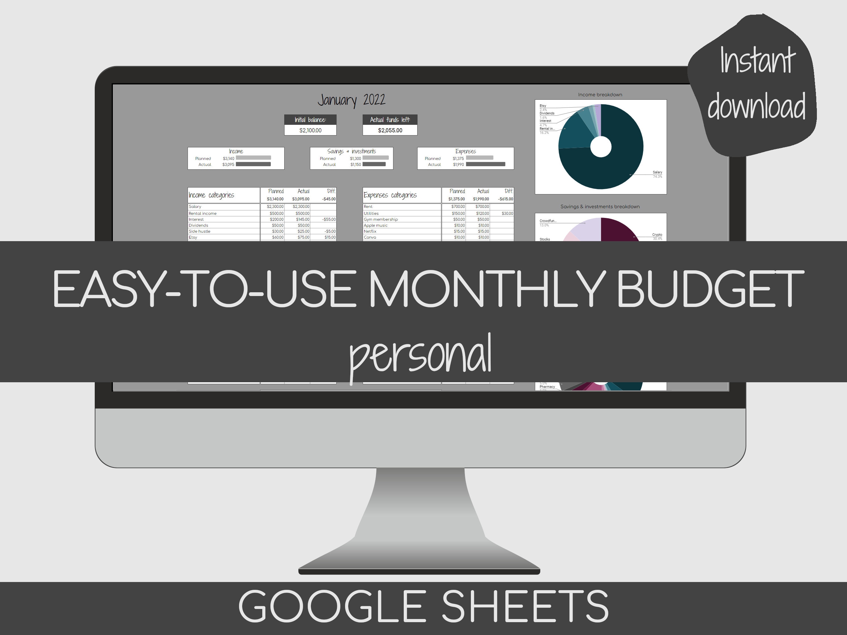 Simple Monthly Digital Budget Spreadsheet | Google Sheets Template ...