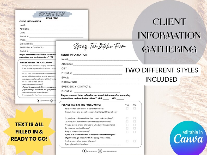 Spray Tan Client Form Template Spa Client Intake Form Sunless - Etsy