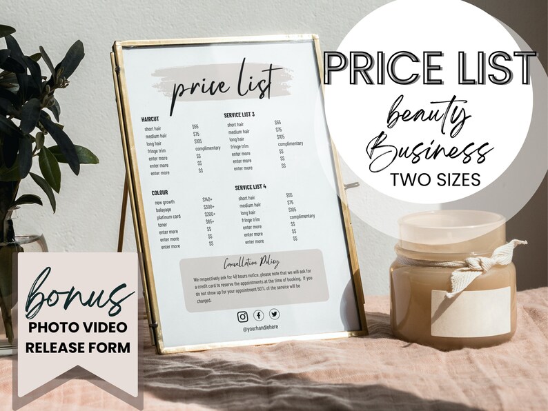 Price List Template Hair Salon Pricelist Template Hair Stylist - Etsy