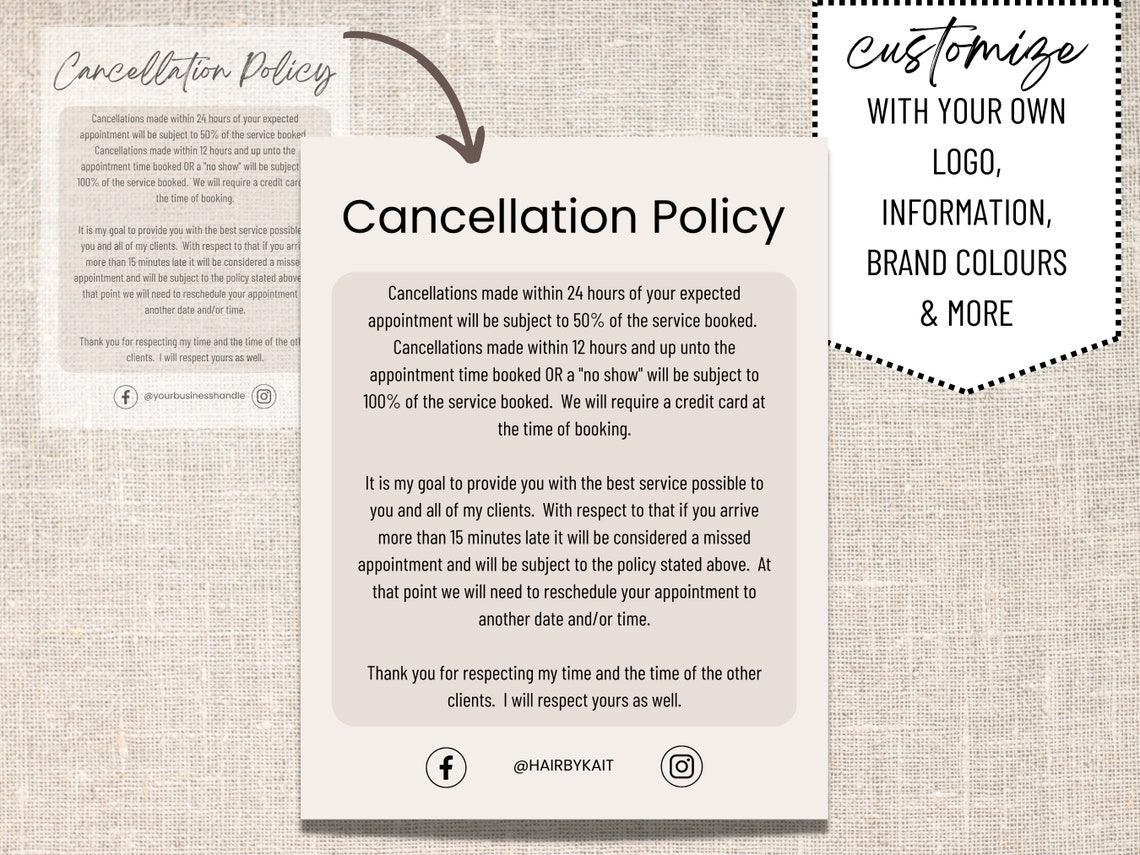 Cancellation Policy Form Beauty Industry Hair Salon Forms - Etsy Canada