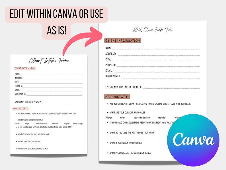 Hair Salon Client Intake Form Hair Client Consultation Form - Etsy