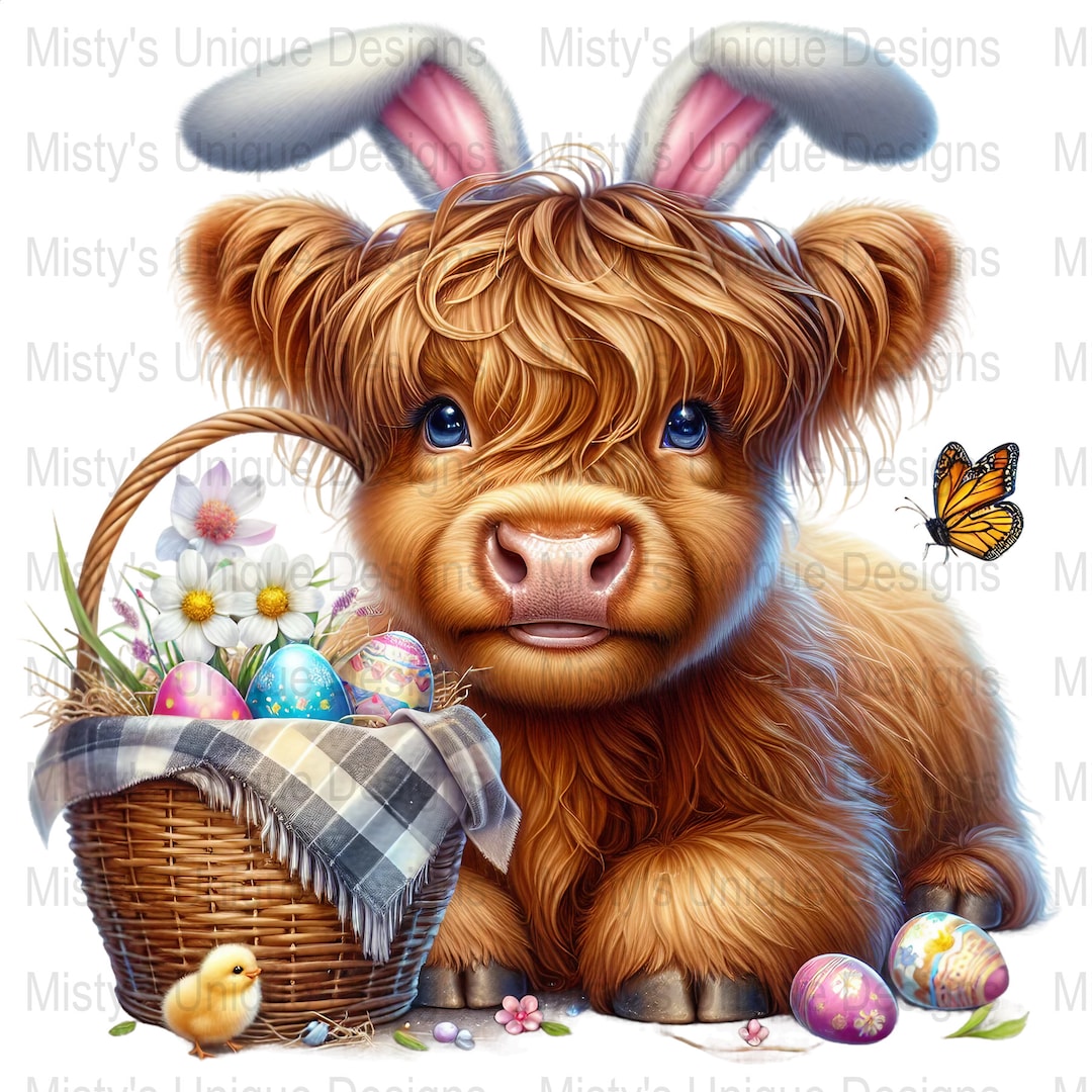 Highland Cow Easter Basket Digital Download, Cute Spring Clipart PNG ...