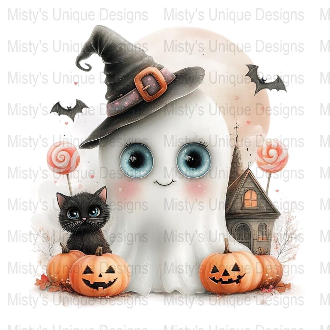 Halloween Ghost Clipart Cute Black Cat PNG Digital Download Spooky ...