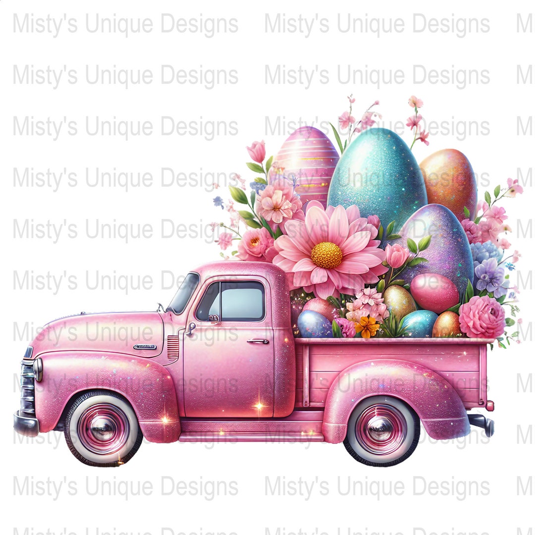 Easter Truck Digital Clipart, Pink Vintage Pickup With Eggs and Flowers ...