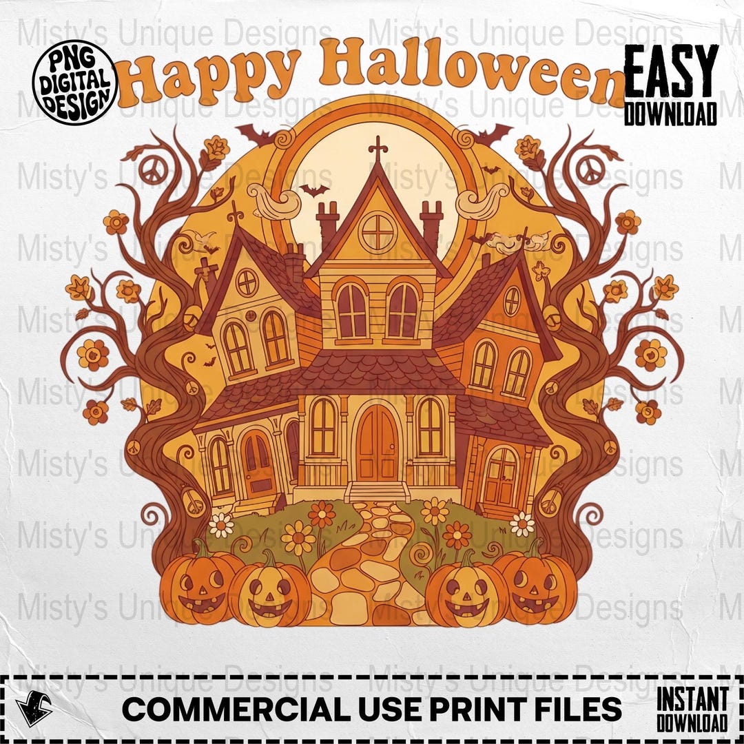Happy Halloween Digital Download Clipart PNG, Retro Haunted House ...
