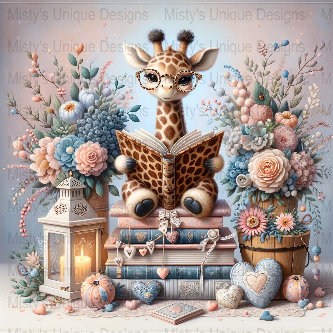 Whimsical Giraffe Digital Paper, Cute Animal Reading Book PNG, Nursery ...