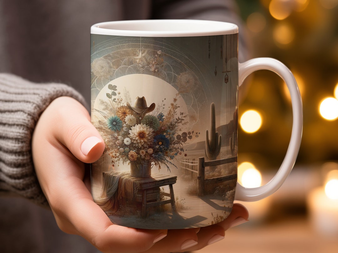 Western Boho Cactus & Cowboy Hat Design Mug, Western Mug, Glitter ...
