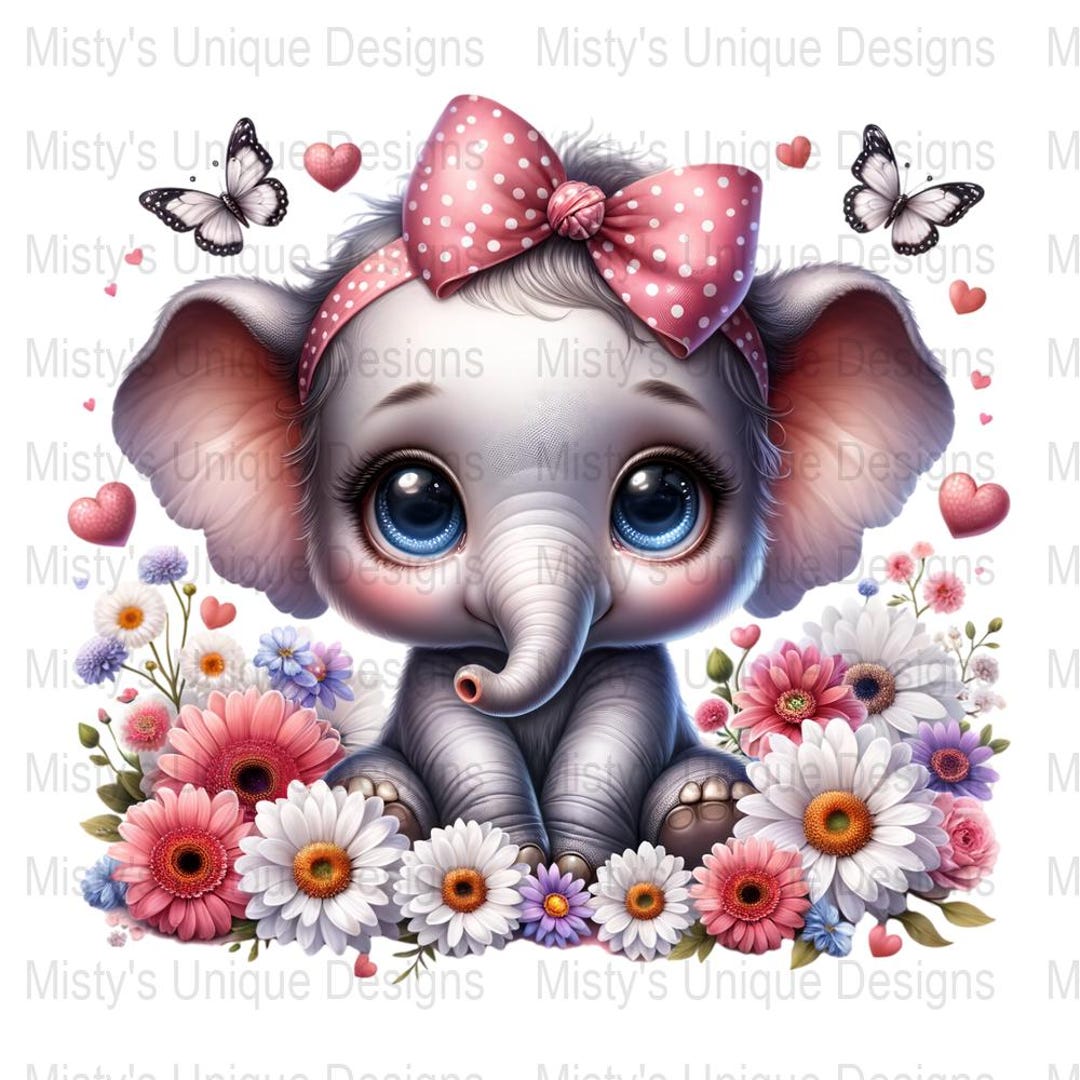 Cute Baby Elephant With Bow Digital Download Clipart, Nursery Animal ...