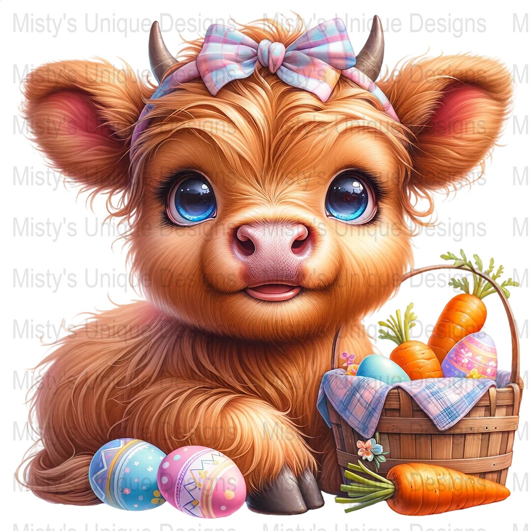 Cute Highland Cow Clipart, Digital Download PNG, Spring Easter Basket ...