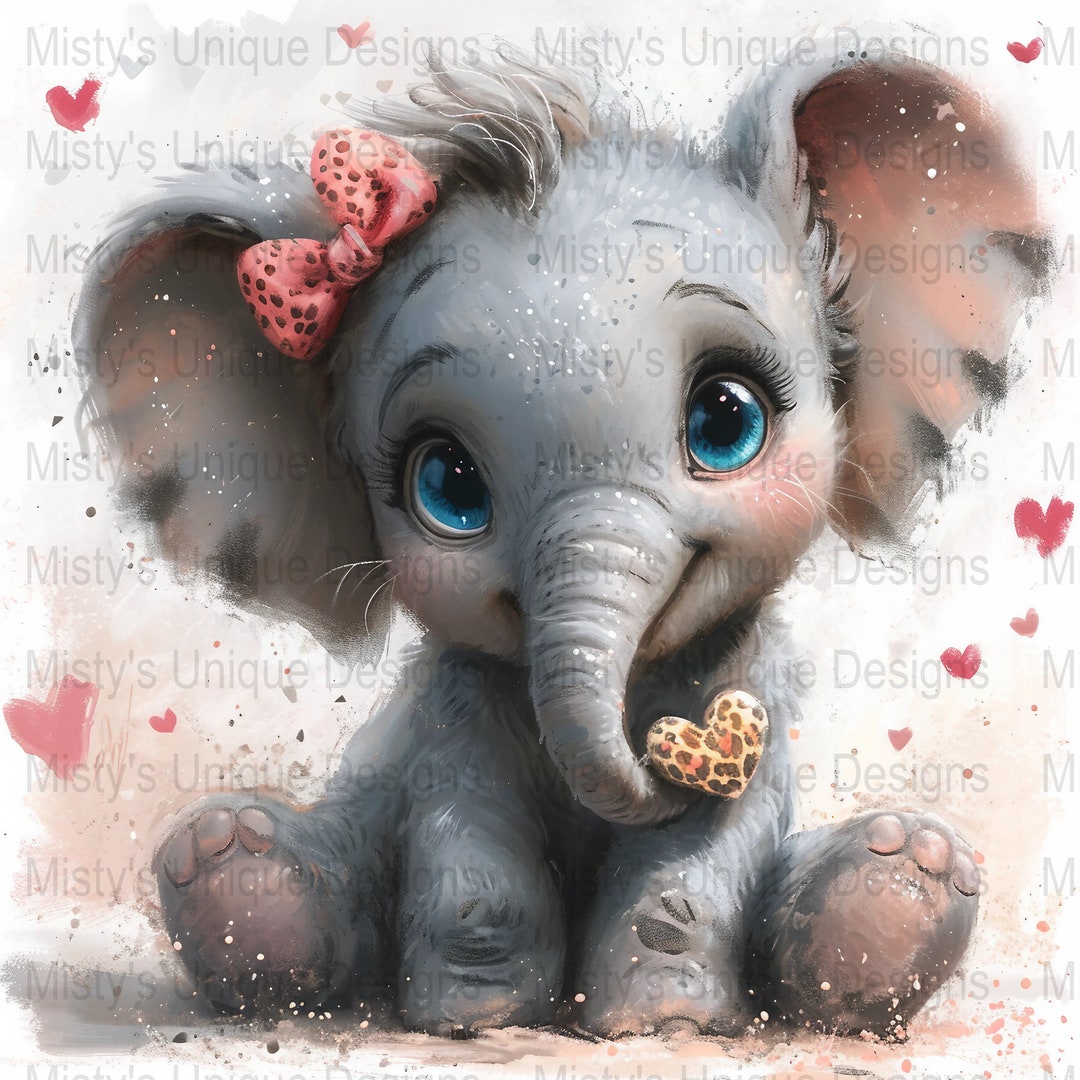 Cute Baby Elephant Digital Download, Nursery Decor Art, Pink Bow ...